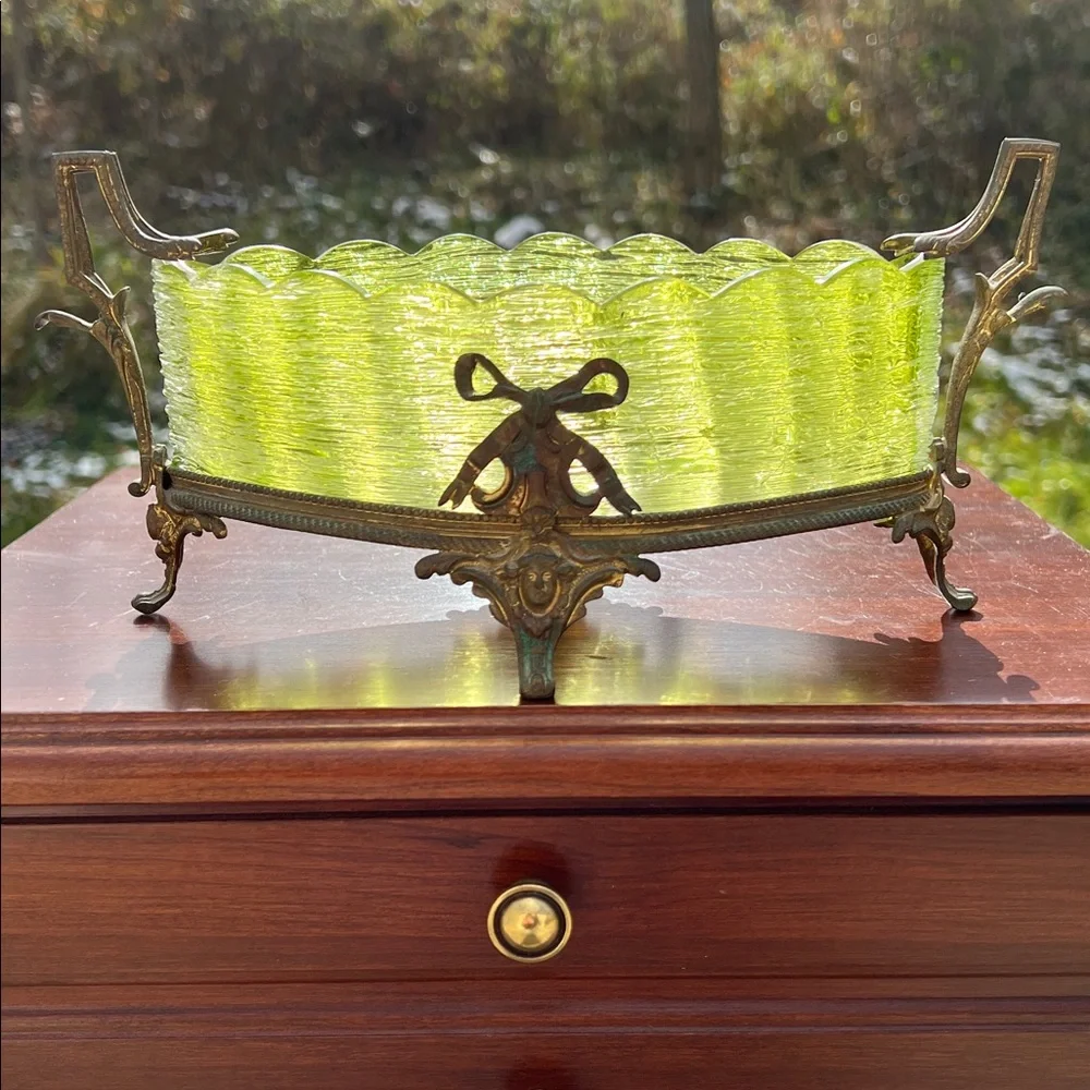 Vintage | Accents | Antique French Jardiniere Loetz Style Green Glass ...